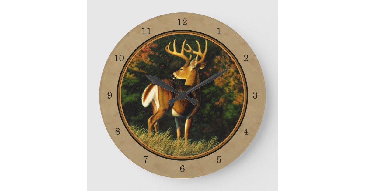 Whitetail Buck Deer Hunting Tan Large Clock | Zazzle