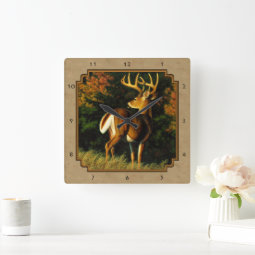 Whitetail Buck Deer Hunting Tan Square Wall Clock | Zazzle