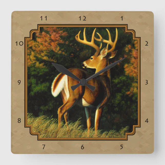 Whitetail Buck Deer Hunting Tan Square Wall Clock | Zazzle