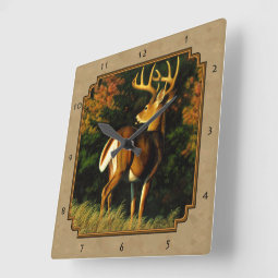 Whitetail Buck Deer Hunting Tan Square Wall Clock | Zazzle