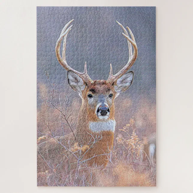 Whitetail Buck in Field Landscape Painting Jigsaw Puzzle | Zazzle
