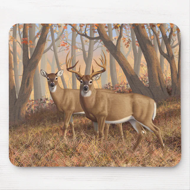 Whitetail Deer Buck & Doe Autumn Maple Woods Mouse Pad | Zazzle