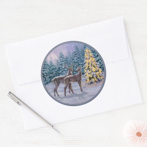 Whitetail Deer & Christmas Tree Winter Scene Classic Round Sticker | Zazzle