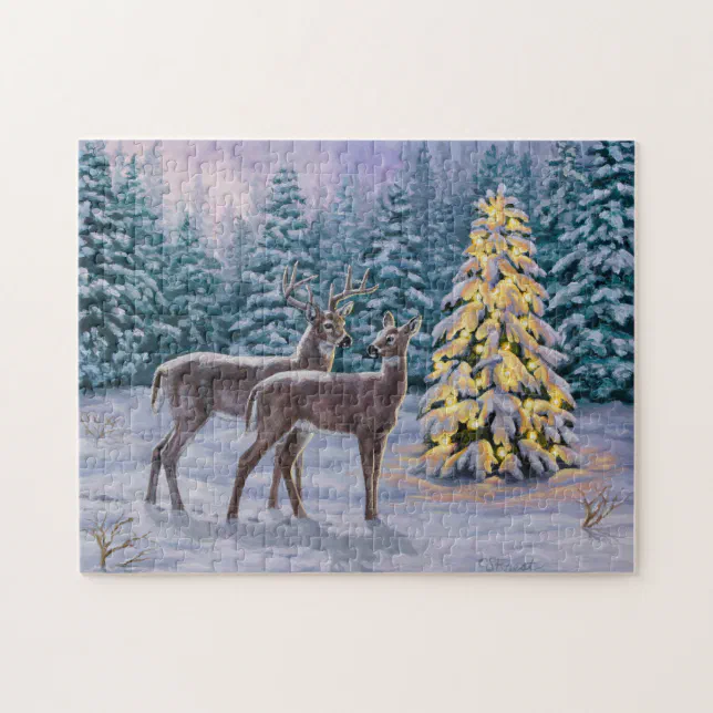 Whitetail Deer & Christmas Tree Winter Scene Jigsaw Puzzle | Zazzle