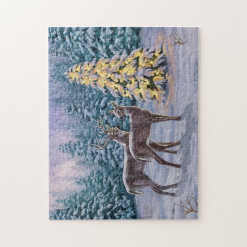 Whitetail Deer & Christmas Tree Winter Scene Jigsaw Puzzle | Zazzle
