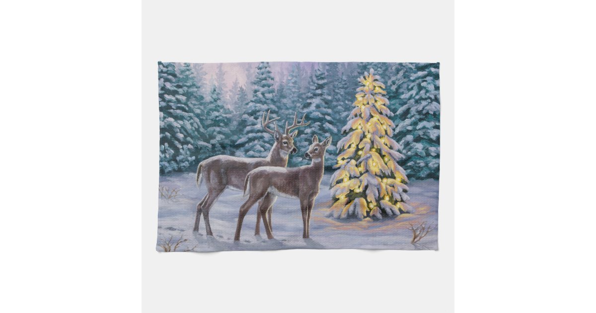 Whitetail Deer & Christmas Tree Winter Scene Towel | Zazzle
