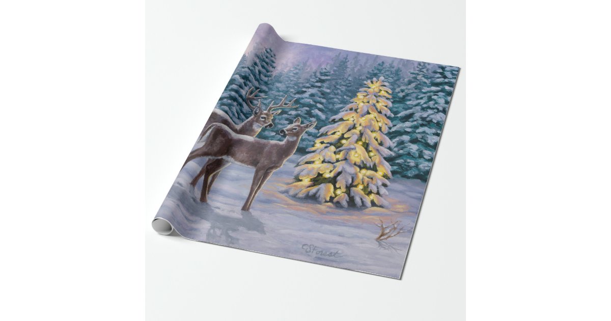 Whitetail Deer & Christmas Tree Winter Scene Wrapping Paper | Zazzle