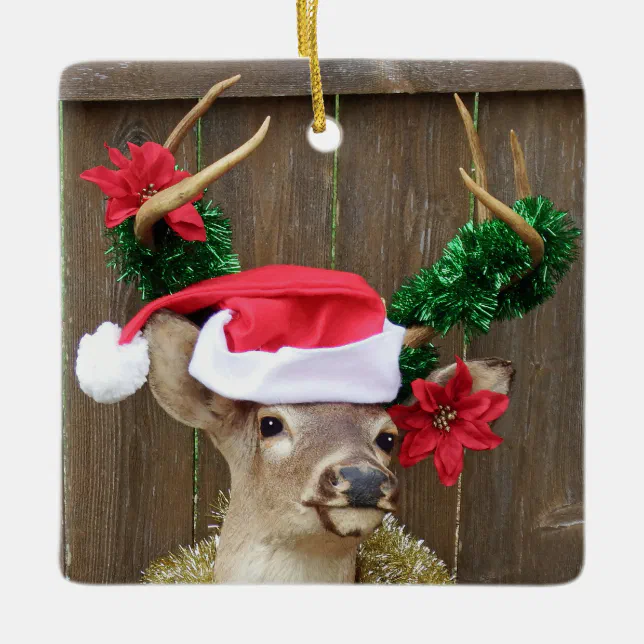 Whitetail Deer In Santa Hat & Christmas Garland Ceramic Ornament | Zazzle