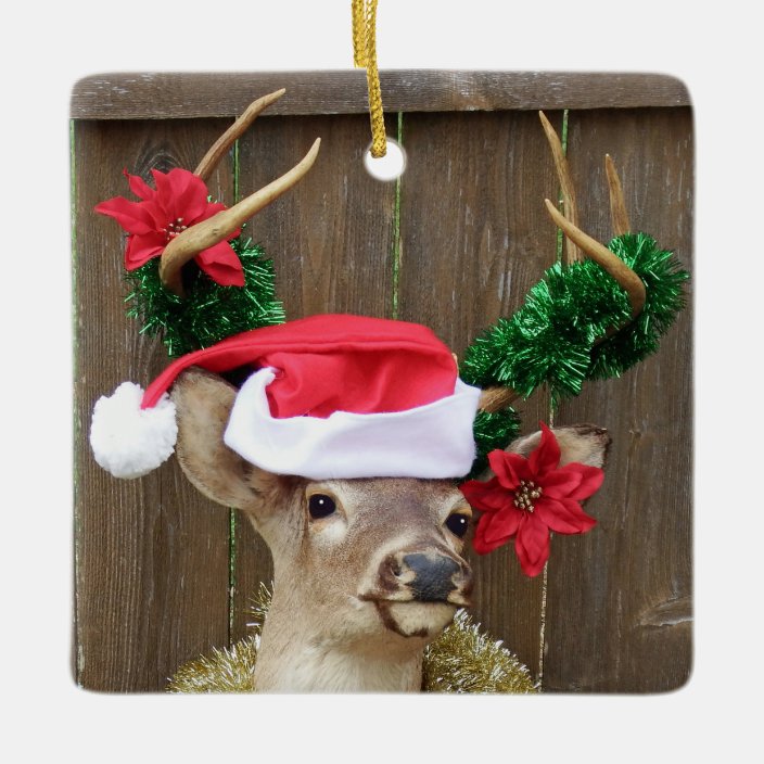 Whitetail Deer In Santa Hat & Christmas Garland Ceramic Ornament ...