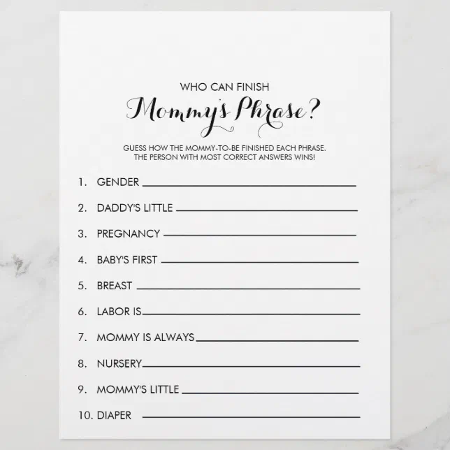 Who can Finish Mommy's Phrase Baby Shower Game | Zazzle