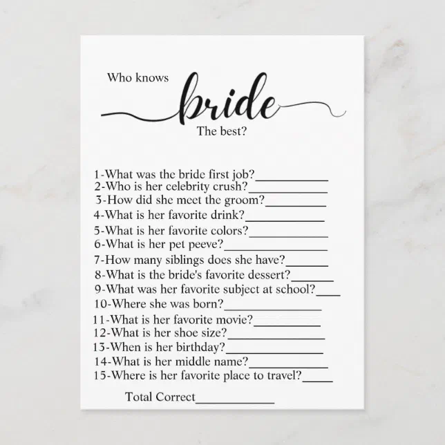 Who know the bride best bridal shower party game postcard | Zazzle