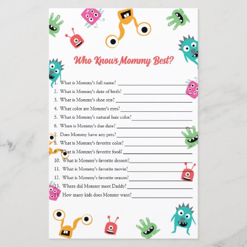 Who Knows Mommy Best Monster Baby Shower Game | Zazzle