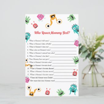 Who Knows Mommy Best Monster Baby Shower Game | Zazzle