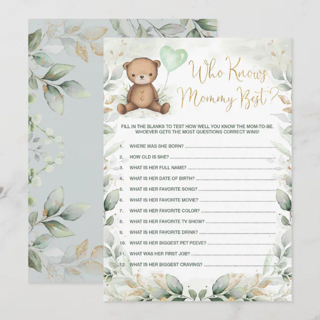Who Knows Mommy Best Teddy Bear Baby Shower Game Invitation | Zazzle