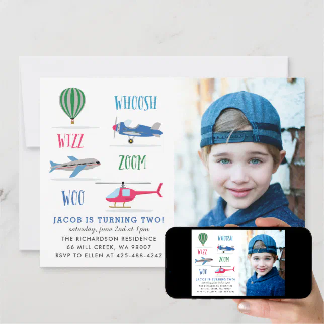 Whoosh Vroom woo Air birthday party photo Invitation | Zazzle