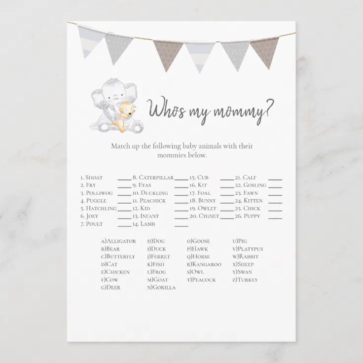 Who's My Mommy Game Baby Elephant Card | Zazzle