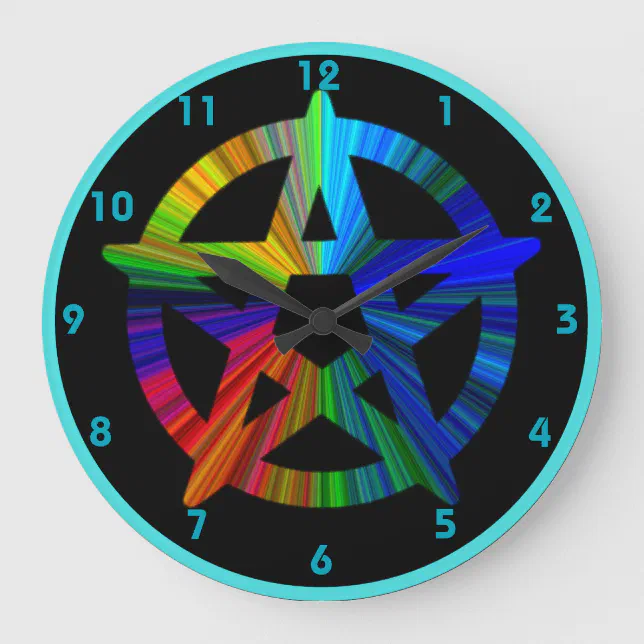wicca pentagram metallic look on black clock | Zazzle