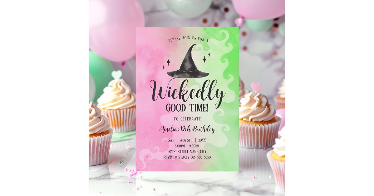 Wicked Good Time Birthday, Pink Green Witch Hat Invitation | Zazzle