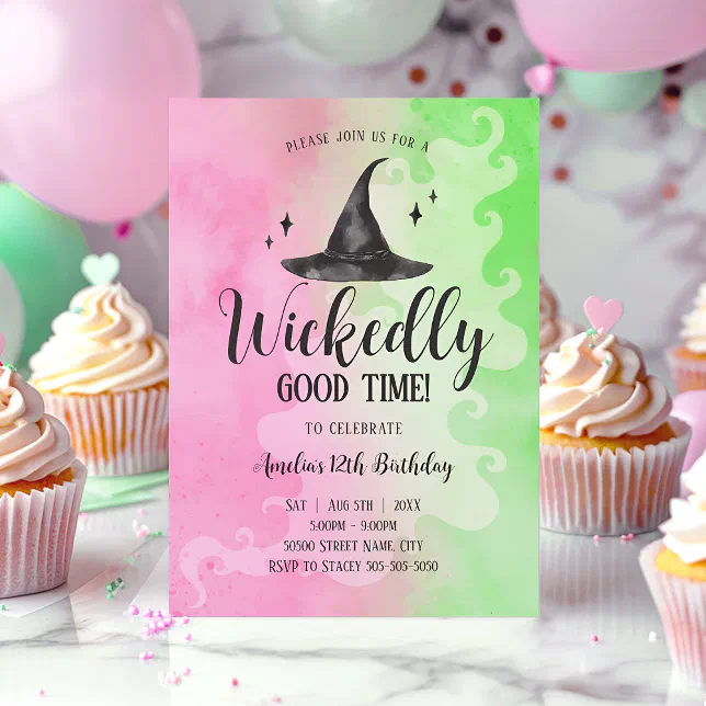 Wicked Good Time Birthday, Pink Green Witch Hat Invitation | Zazzle