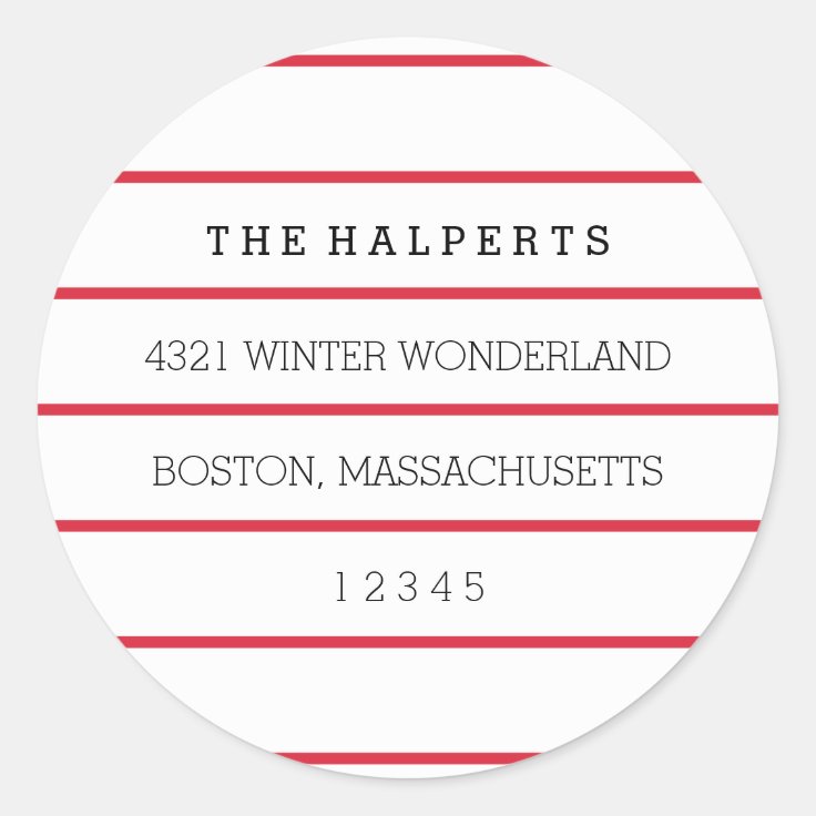 Wide Pinstripes | Red & White | Return Address Classic Round Sticker ...
