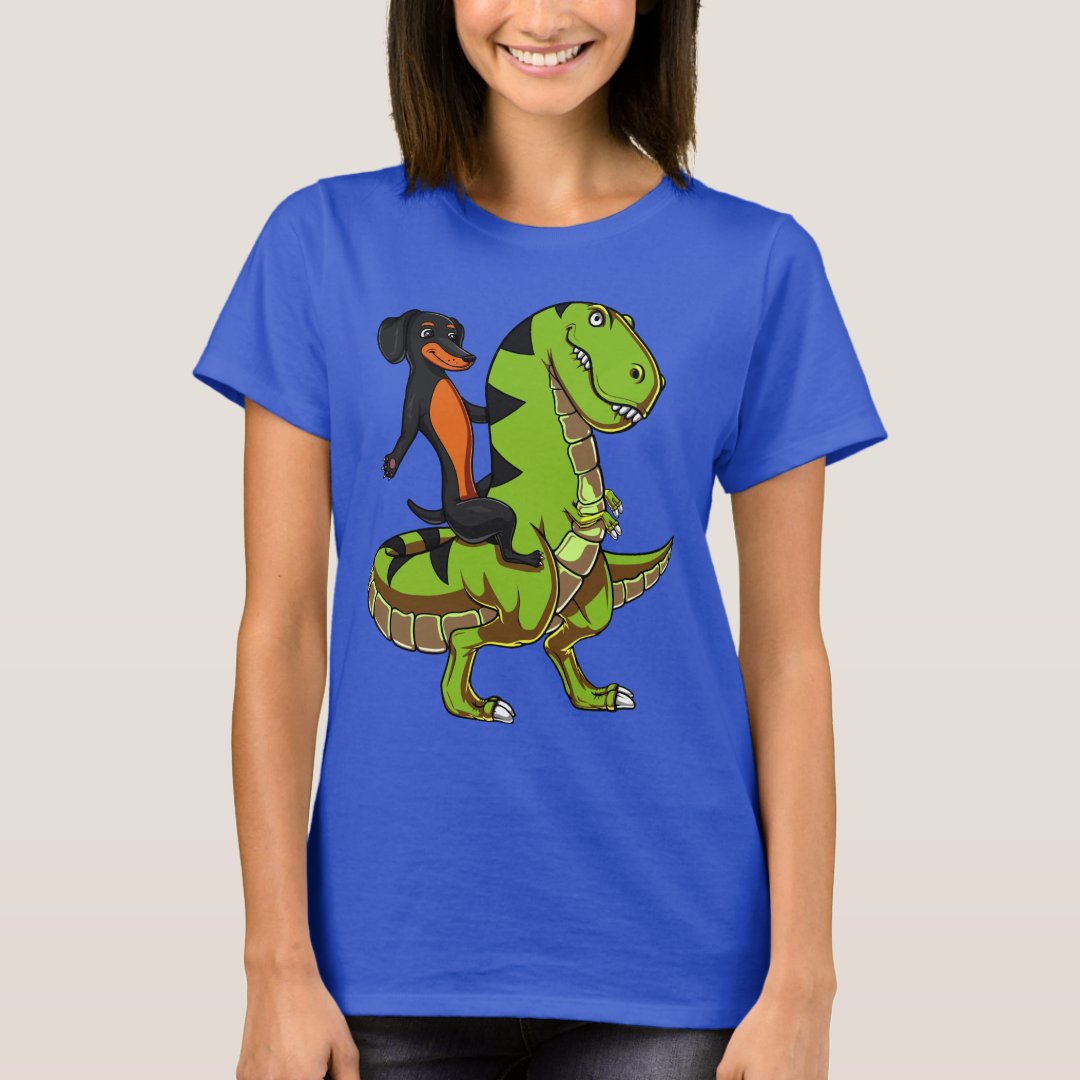 Wiener Dog Dachshund Riding T-Rex Dinosaur T-Shirt | Zazzle