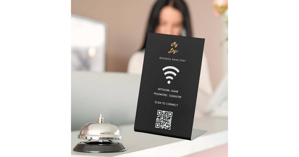 Wifi business logo qr code scan to connect black pedestal sign | Zazzle