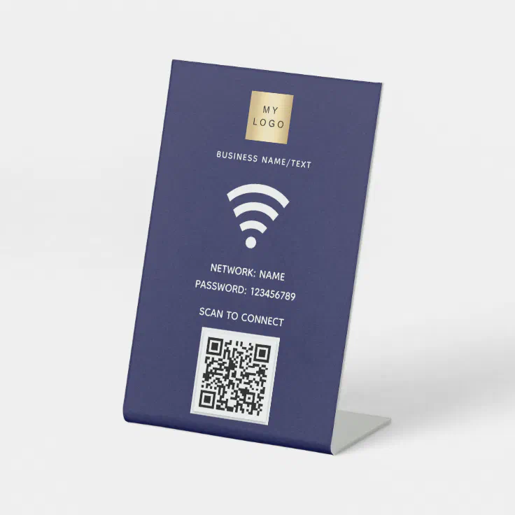 Wifi business logo qr code scan to connect blue pedestal sign | Zazzle