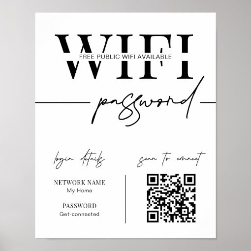 WIFI Network Password QR Code Black & White Modern Poster | Zazzle