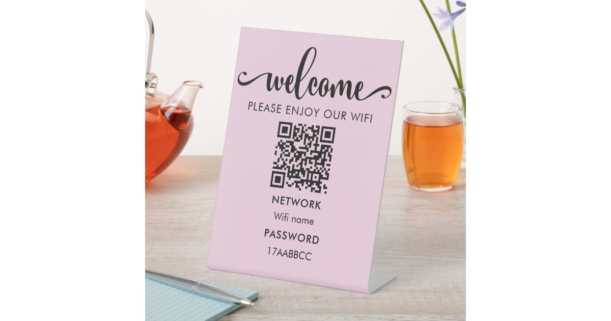 WIFI Welcome QR Code | Please Enjoy Our Wifi Pink Pedestal Sign | Zazzle