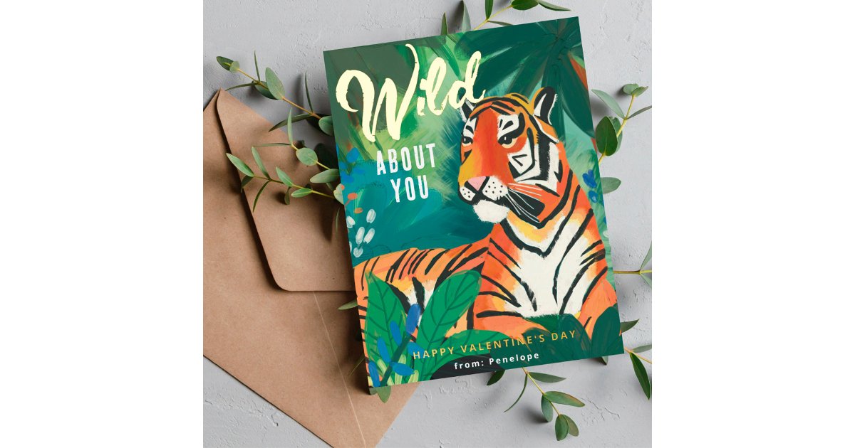 Wild About You Jungle Tiger Valentine's Day Gold Foil Holiday Postcard ...