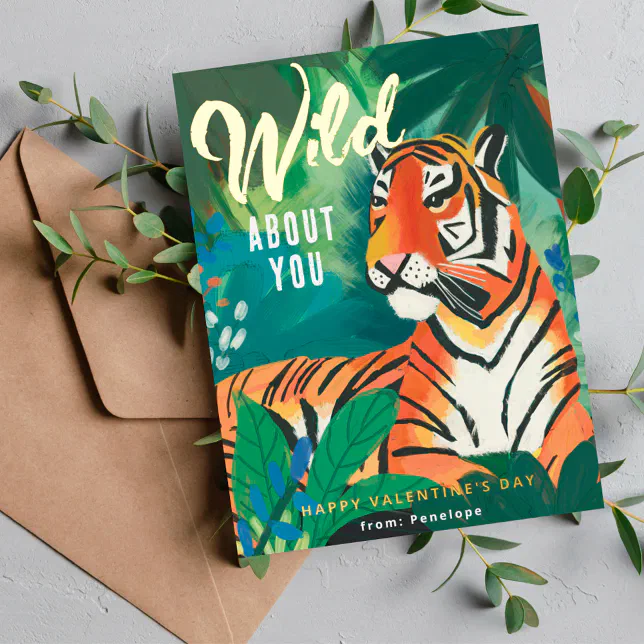 Wild About You Jungle Tiger Valentine's Day Gold Foil Holiday Postcard ...