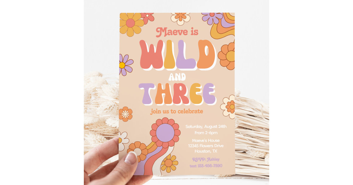 Wild and Three Invitation | Groovy | 70's | 3rd | Zazzle