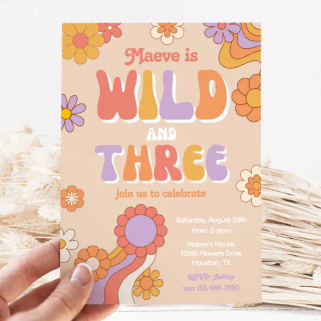Wild and Three Invitation | Groovy | 70's | 3rd | Zazzle