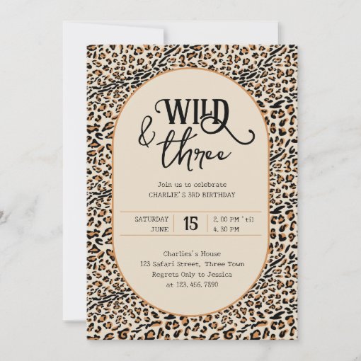 Wild and Three Leopard Print Neutral 3rd Birthday Invitation | Zazzle