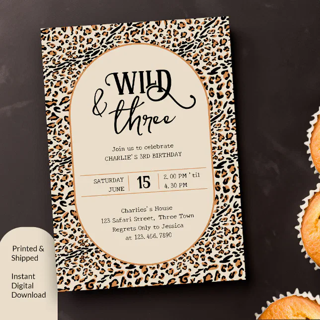 Wild and Three Leopard Print Neutral 3rd Birthday Invitation | Zazzle