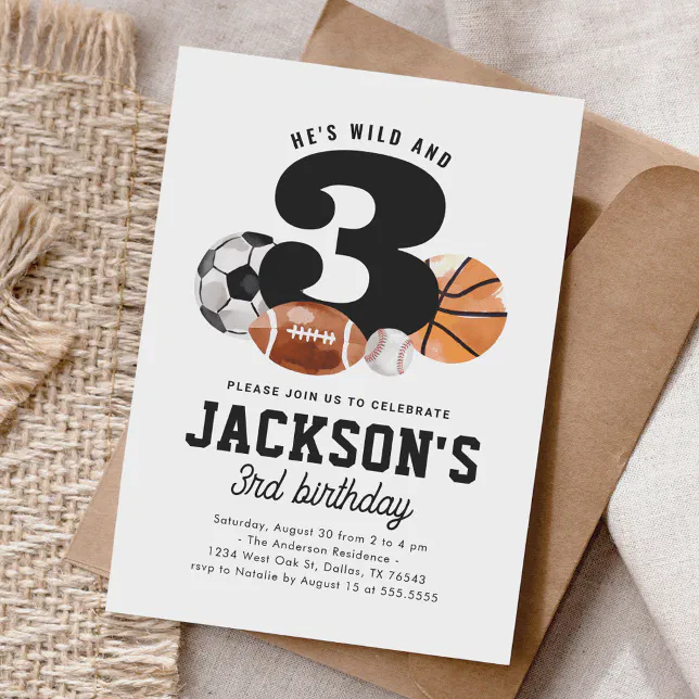 Wild and Three Sports 3rd Birthday Invitation | Zazzle