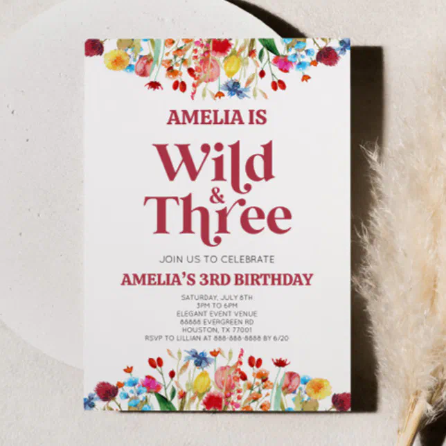 Wild and Three Wildflower Third 3rd Birthday Party Invitation | Zazzle