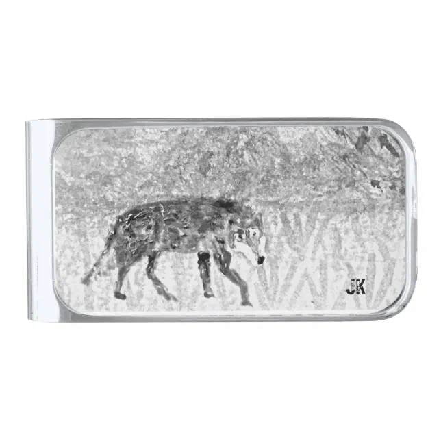 Wild Animal Art Grey Wolf Initialled Silver Finish Money Clip | Zazzle