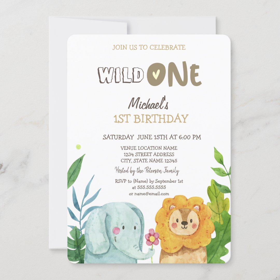 Wild Animals Elephant Lion Leaves 1st Birthday Invitation | Zazzle