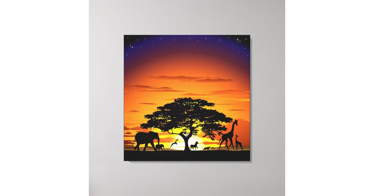 Wild Animals on African Savanna Sunset Canvas Print | Zazzle