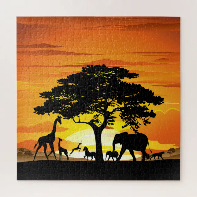 Wild Animals on African Savanna Sunset Jigsaw Puzzle | Zazzle