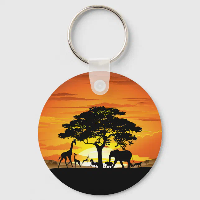 Wild Animals on African Savanna Sunset Keychain | Zazzle