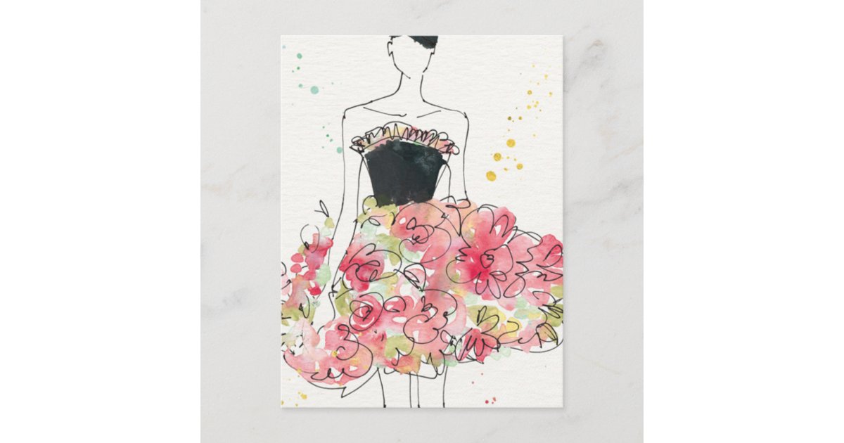 Wild Apple | Glamorous Floral Dress Sketch Postcard | Zazzle