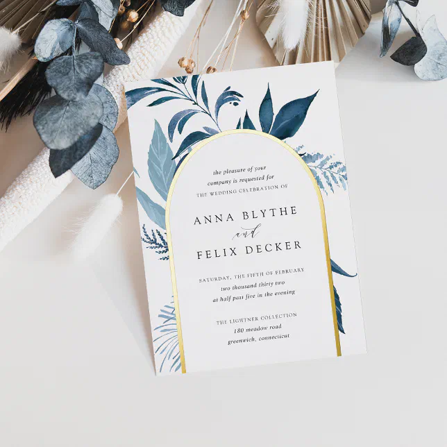 Wild Azure Blue Botanical Arch Wedding Foil Invitation | Zazzle