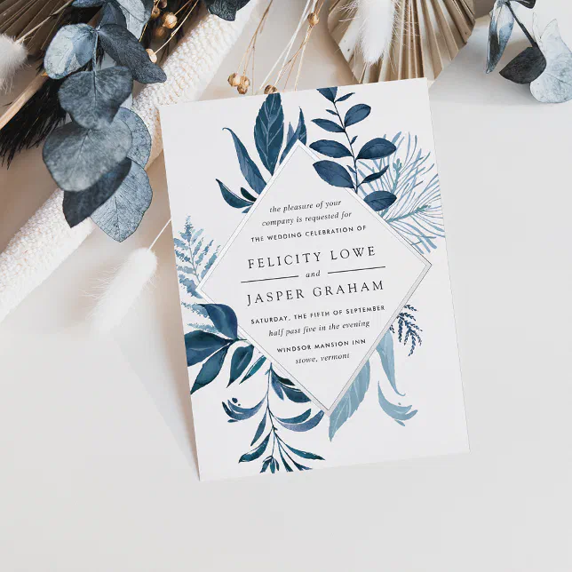 Wild Azure | Blue Watercolor Foliage Wedding Foil Invitation | Zazzle