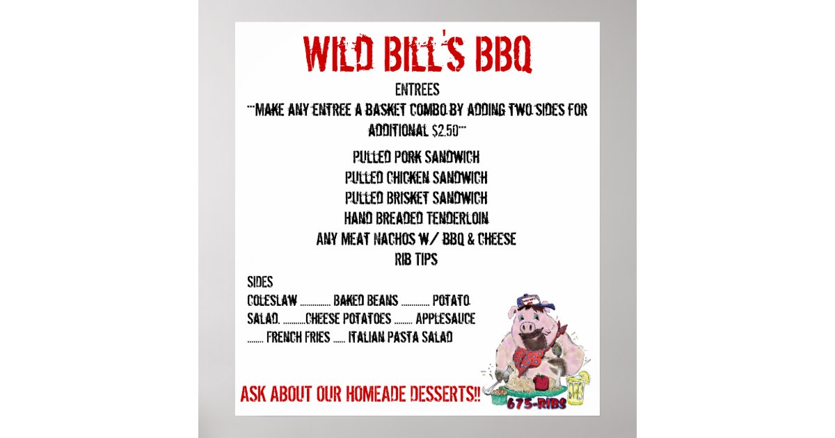WILD BILL'S BBQ MENU POSTER | Zazzle