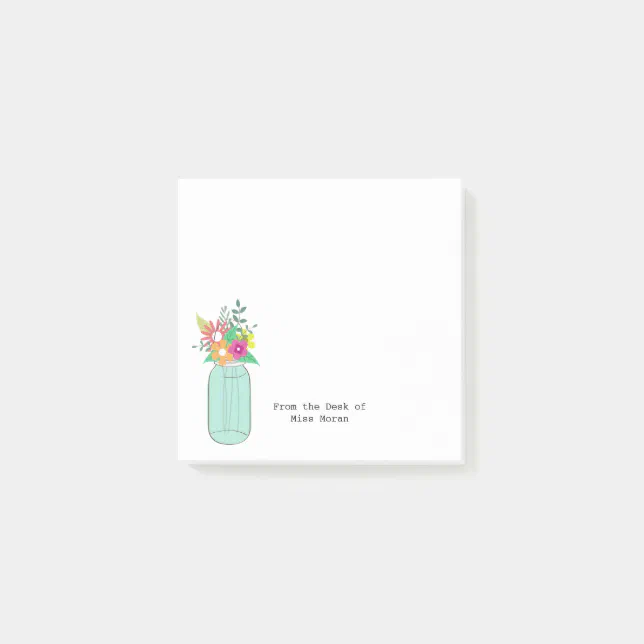 Wild Flower Bouquet Mason Jar Monogram Teacher Post-it Notes | Zazzle