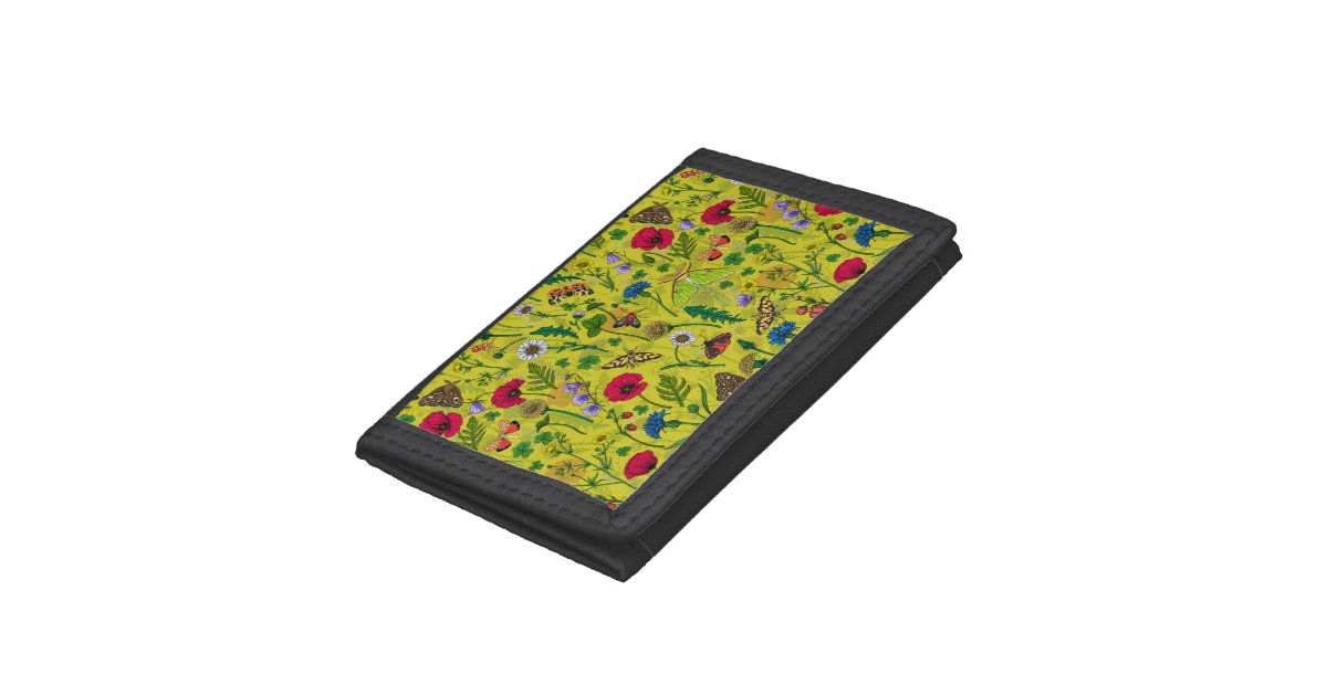 Wild flowers and moths on green trifold wallet | Zazzle