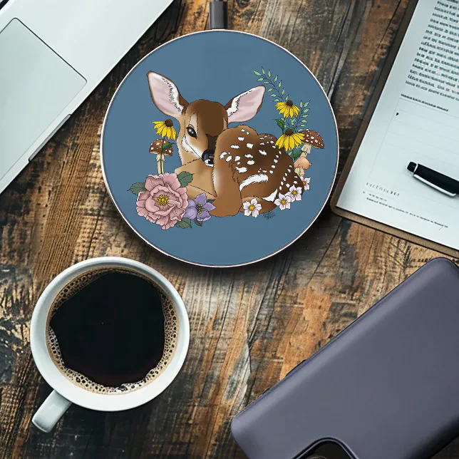 Wild Flowers Fawn Blue Wireless Charger | Zazzle
