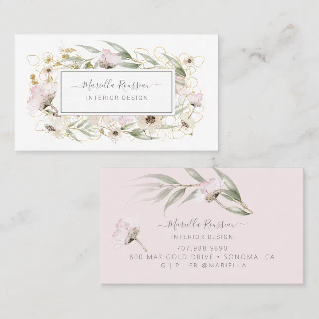 Wild Flowers Greenery Gold Glitter Business Card | Zazzle